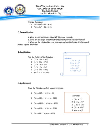 Lesson plan in mathematics 8 (Factoring Perfect Square Trinomial) | DOCX