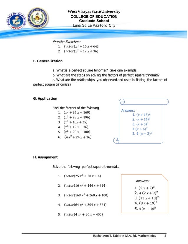 Lesson plan in mathematics 8 (Factoring Perfect Square Trinomial) | DOCX