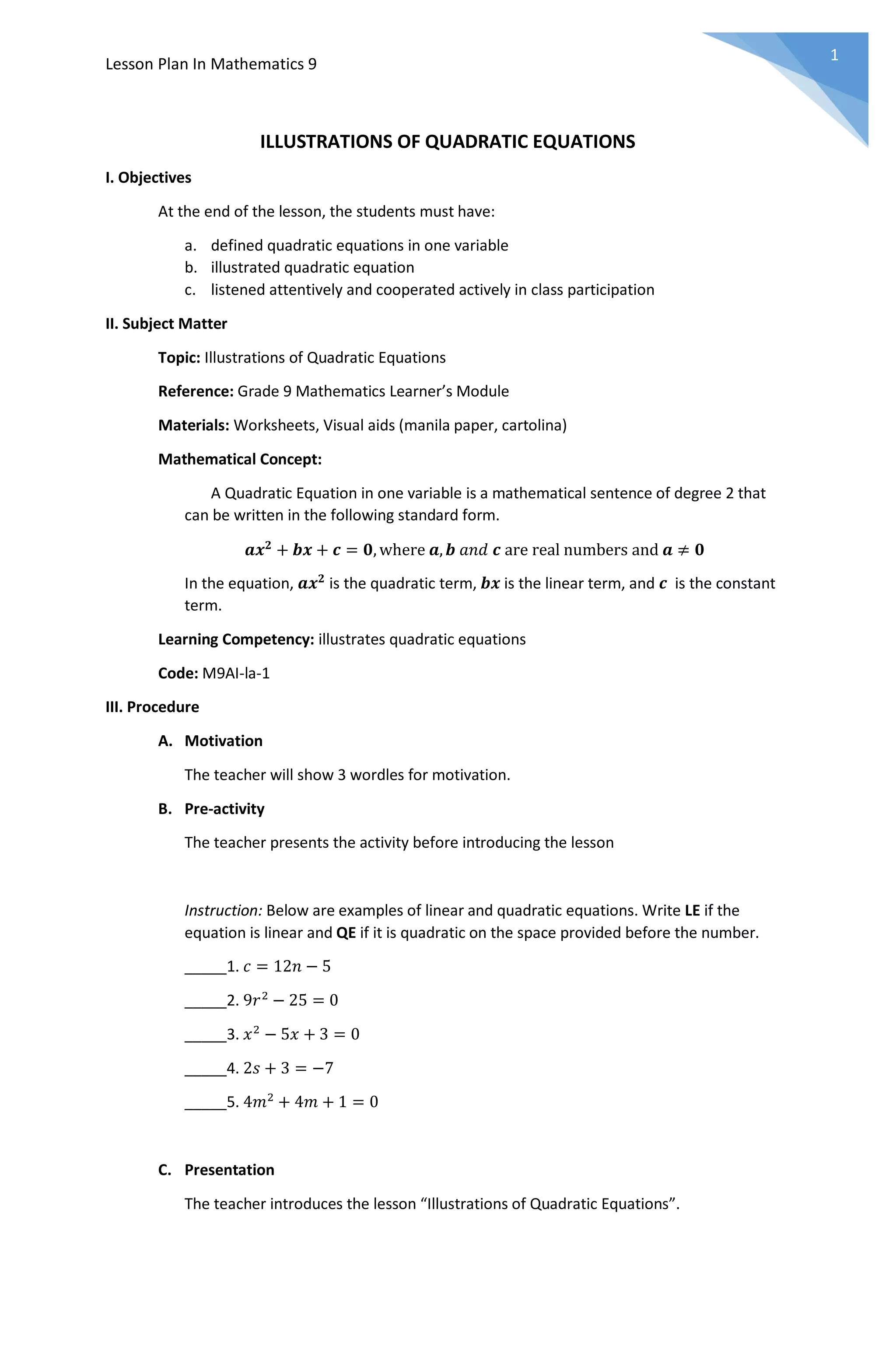 Lesson plan in mathematics 9 (illustrations of quadratic equations) | PDF