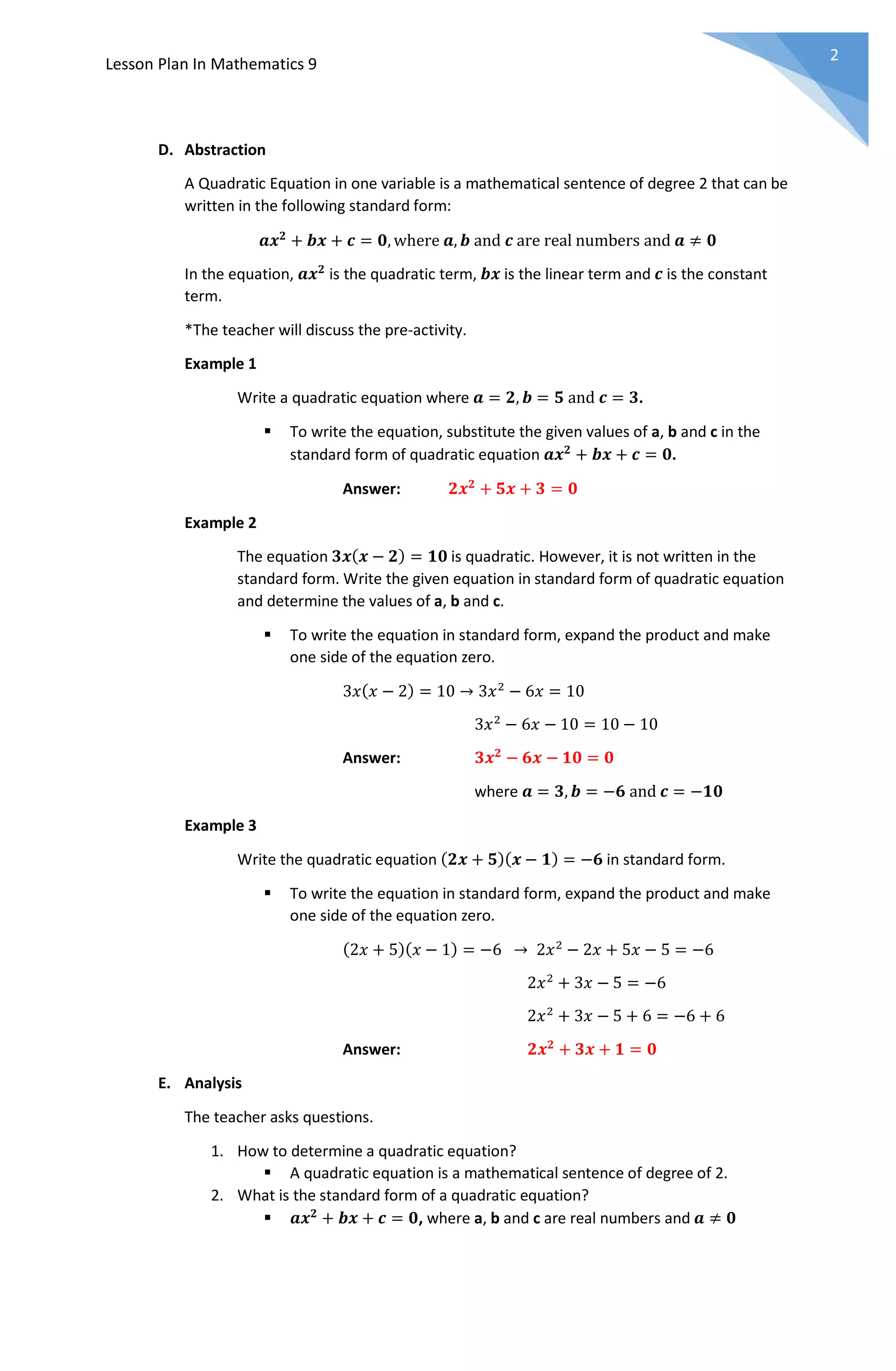 Lesson plan in mathematics 9 (illustrations of quadratic equations) | PDF
