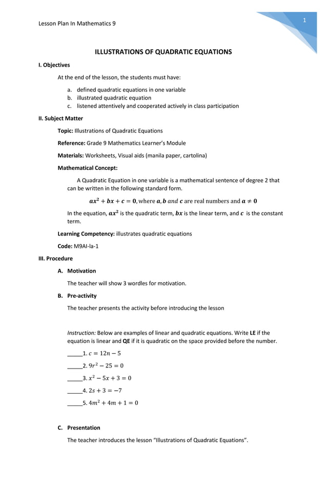 Lesson plan in mathematics 9 (illustrations of quadratic equations ...