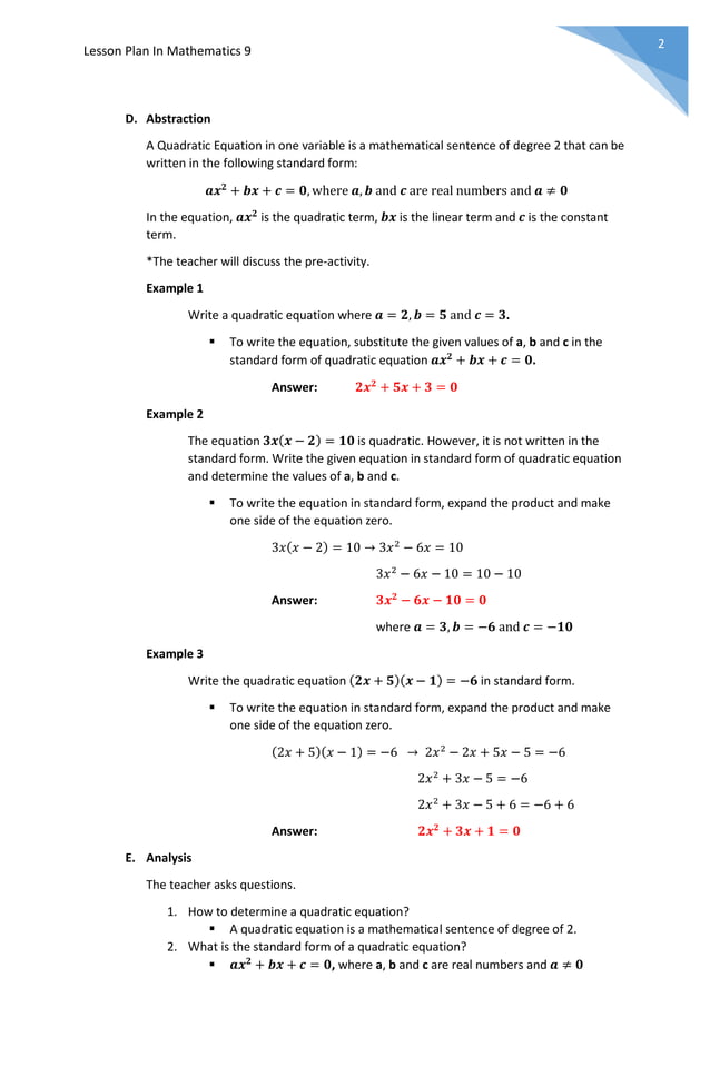 Lesson Plan In Mathematics 9 Illustrations Of Quadratic Equations Pdf Physics Science