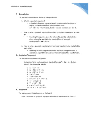 Lesson plan in mathematics 9 (illustrations of quadratic equations) | PDF