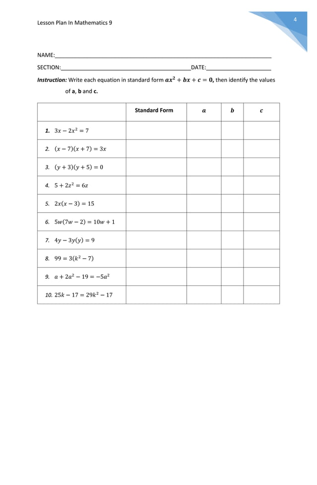Lesson plan in mathematics 9 (illustrations of quadratic equations ...