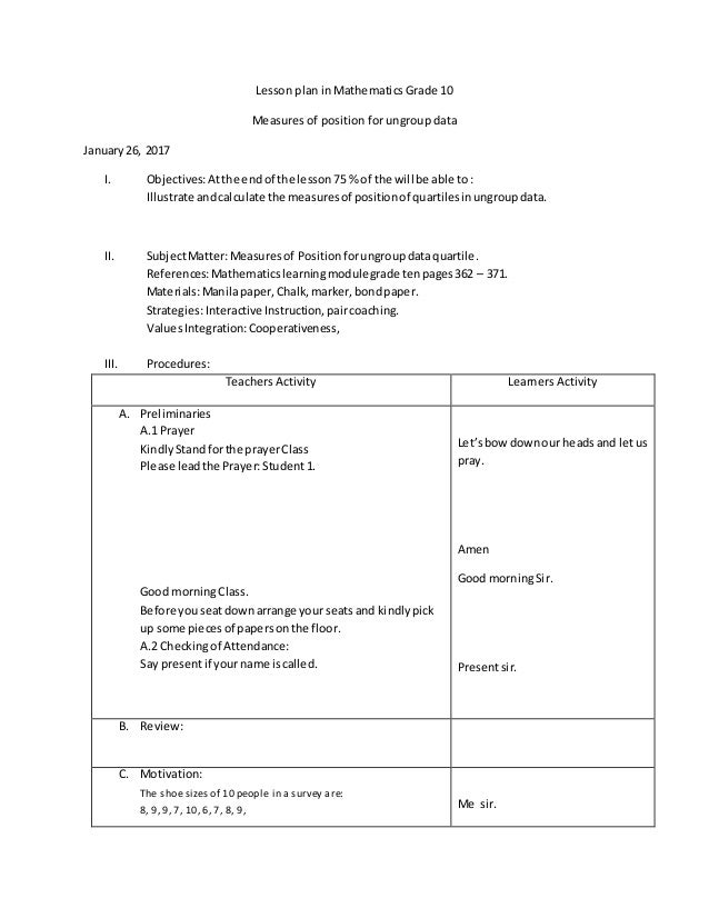 Lesson Plan In Mathematics Grade 10 Lesson Plan In Mathematics Grade 10