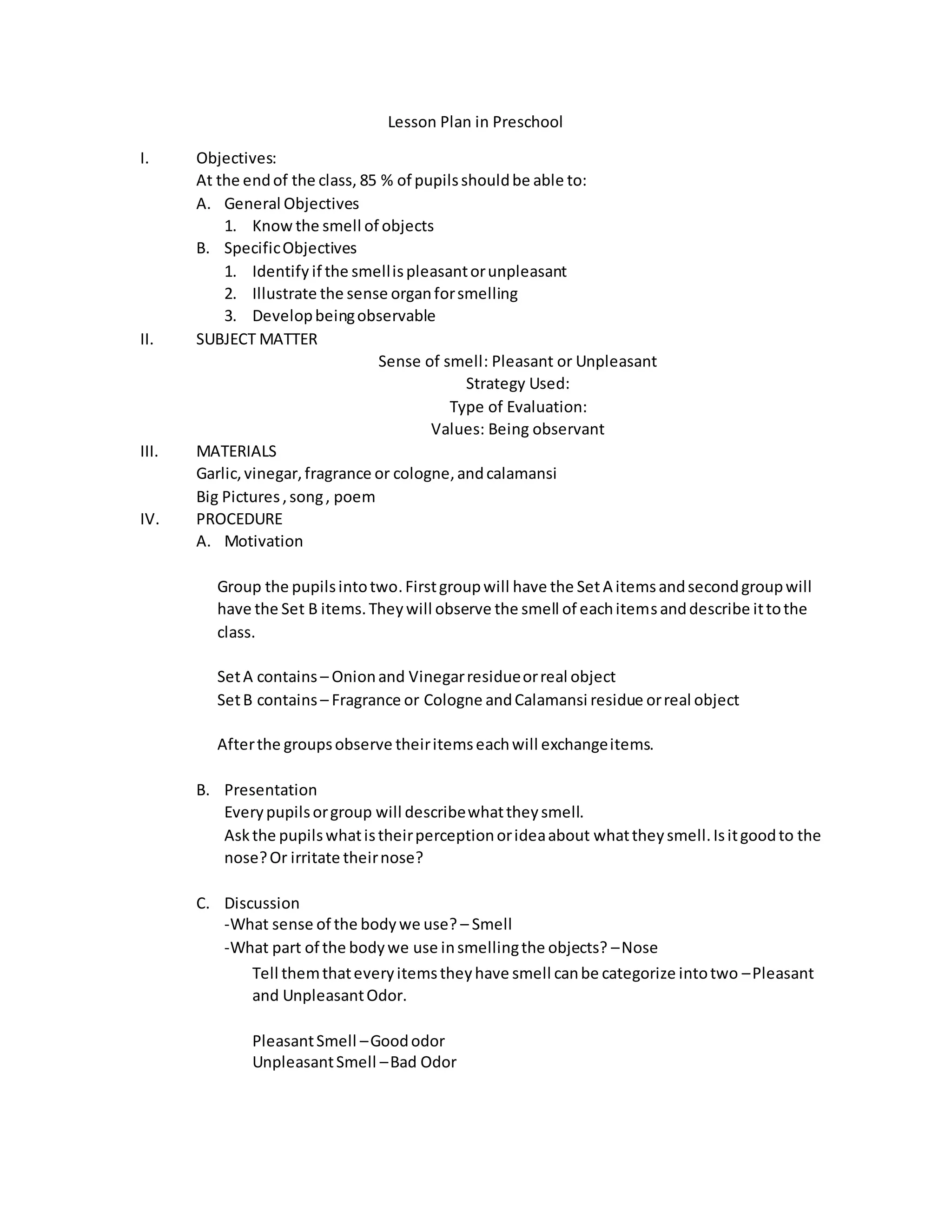 Lesson plan in preschool sense of smell | DOCX