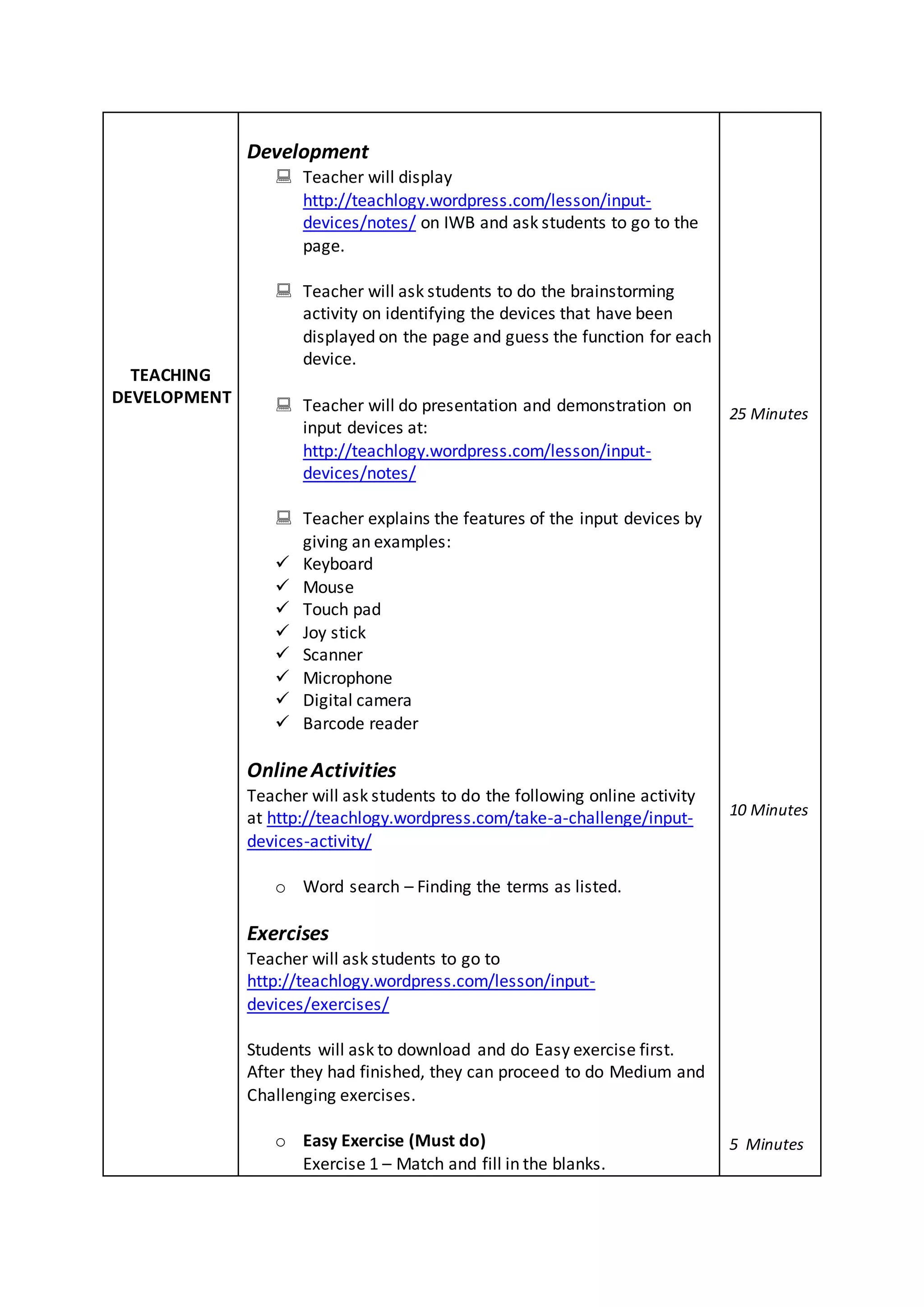 Lesson plan input devices | DOC