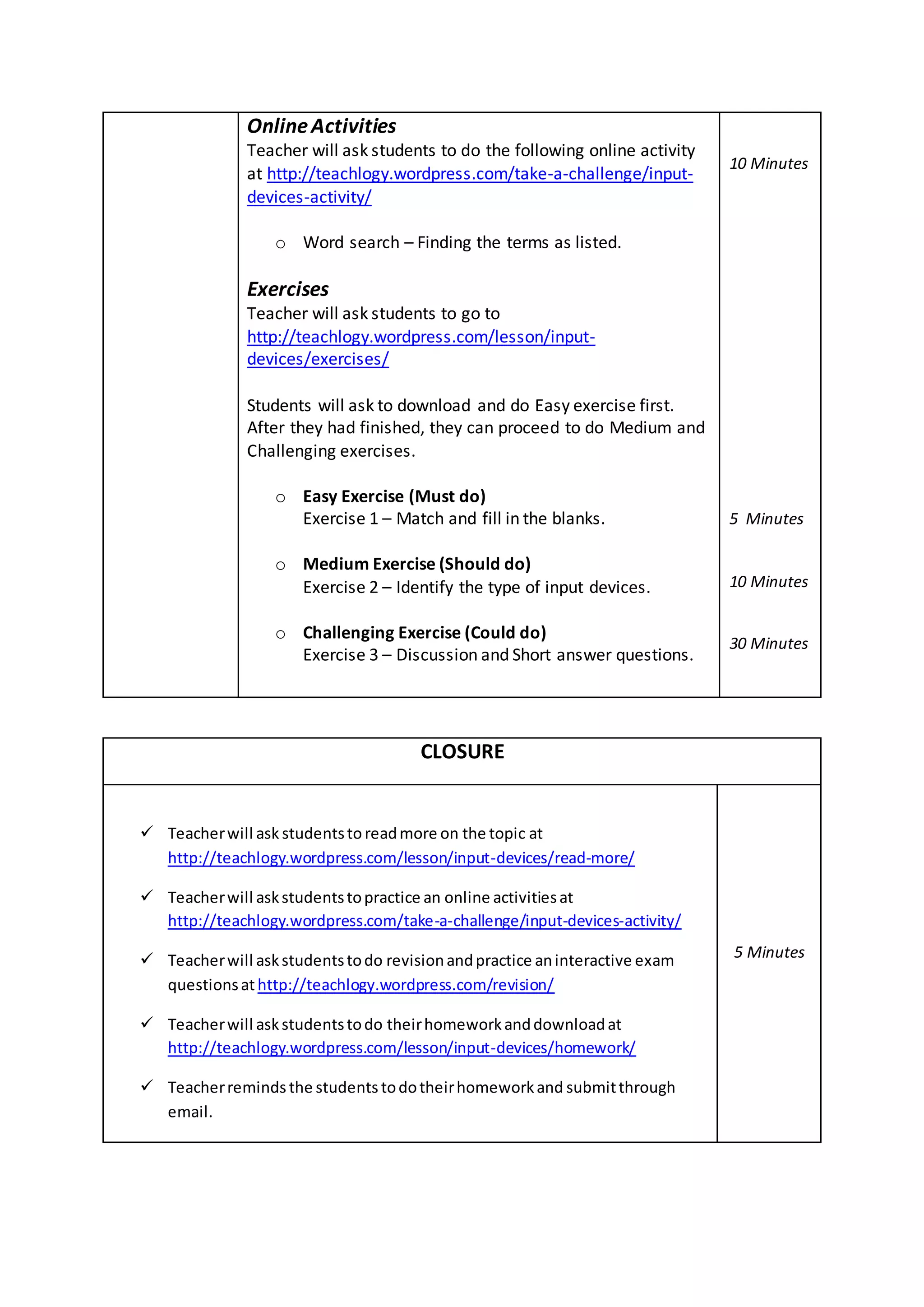 Lesson plan input devices | PDF