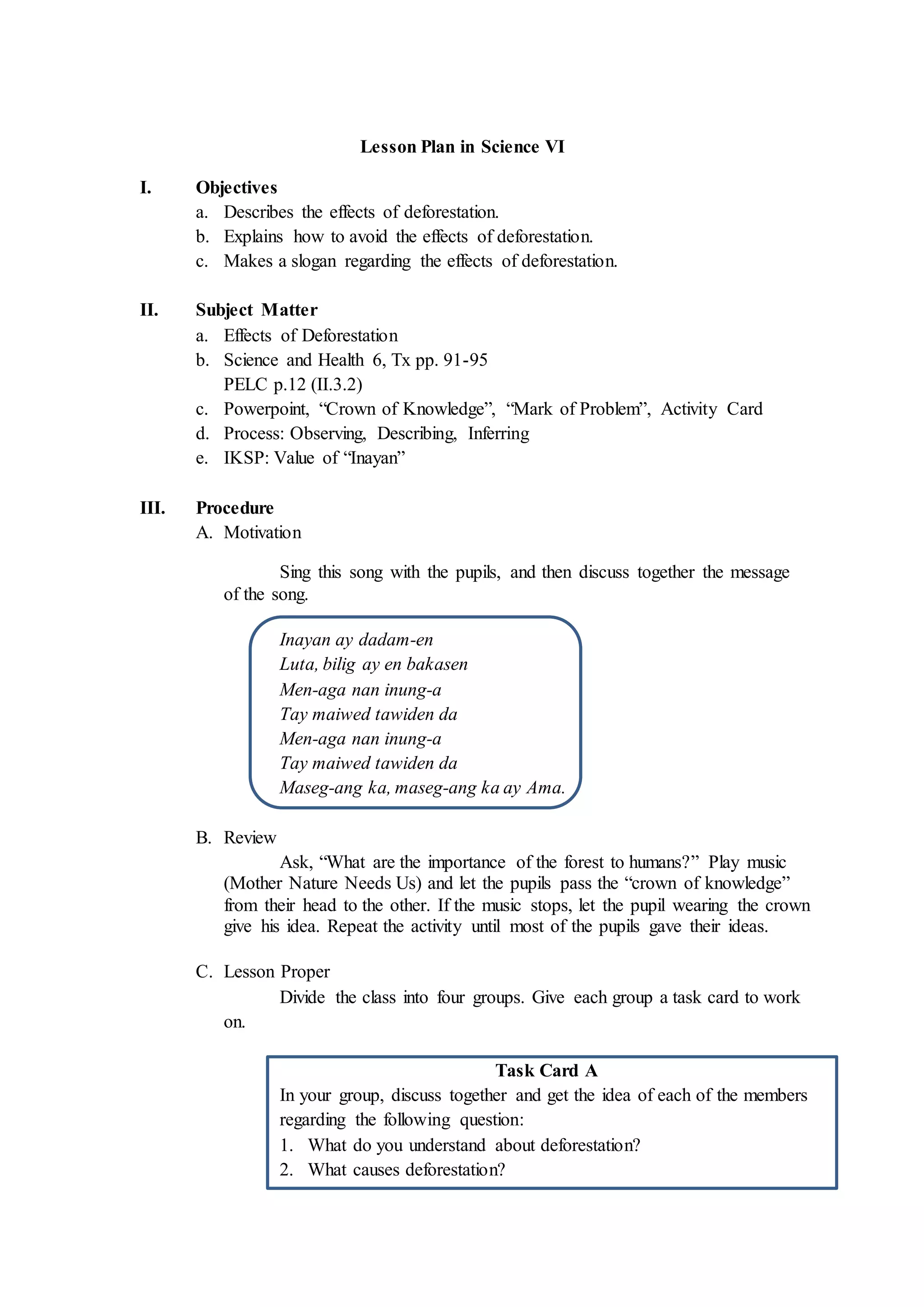Lesson plan in science vi deforestation | DOCX