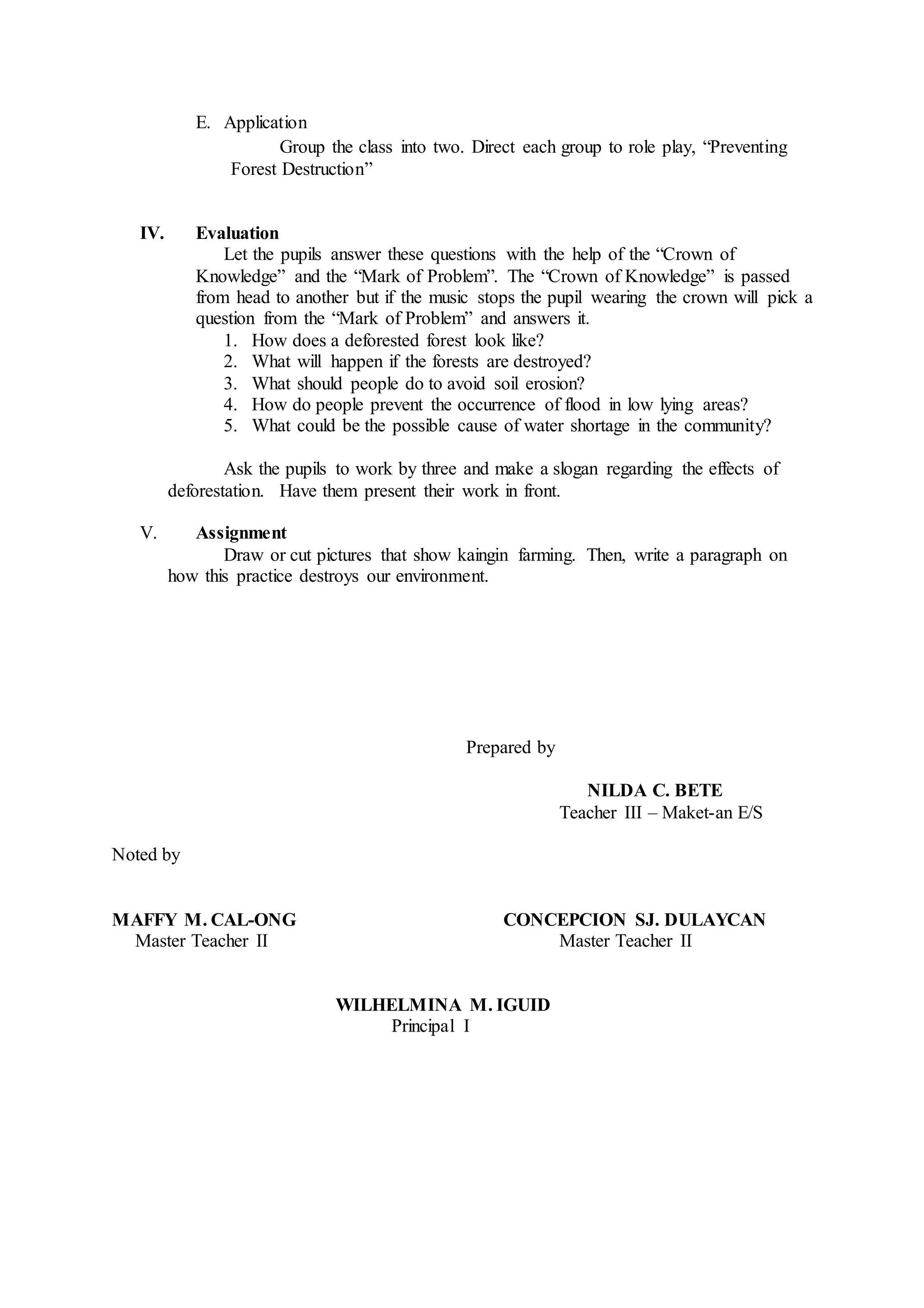 Lesson plan in science vi deforestation | DOCX