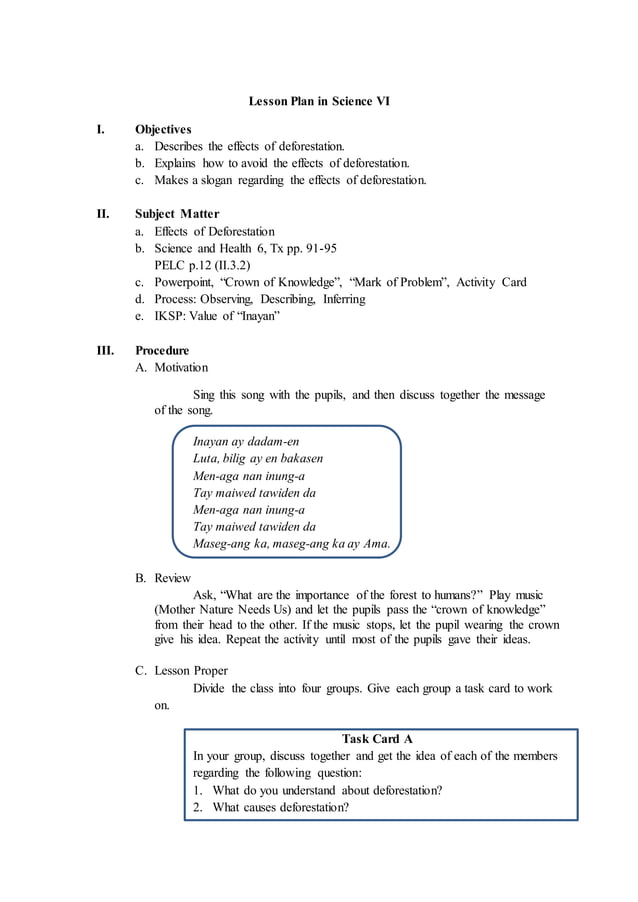 Lesson plan in science vi deforestation | DOCX