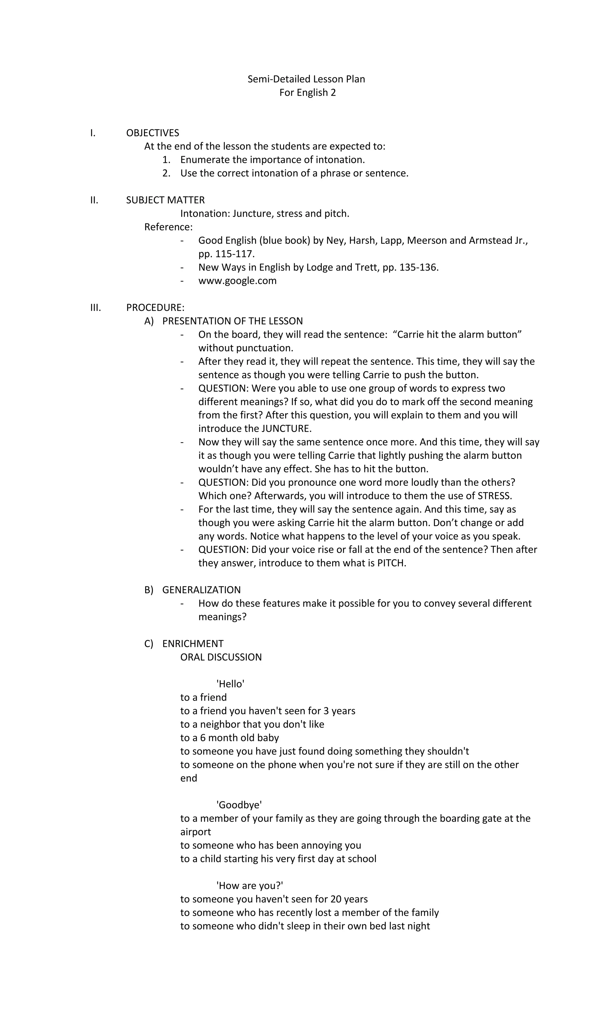 Lesson plan for intonation | DOCX