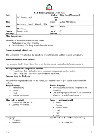 Lesson plan internet safty | DOC | Internet Safety | Parenting