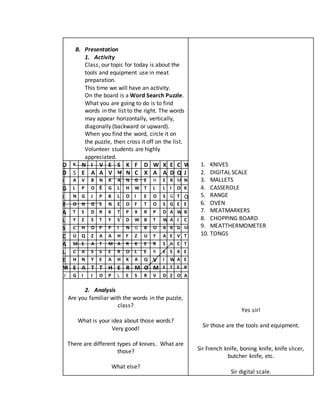 Lesson plan in tools and equippment grade 10 cookery | DOCX