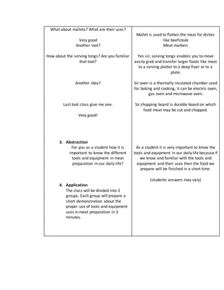 Lesson plan in tools and equippment grade 10 cookery | DOCX