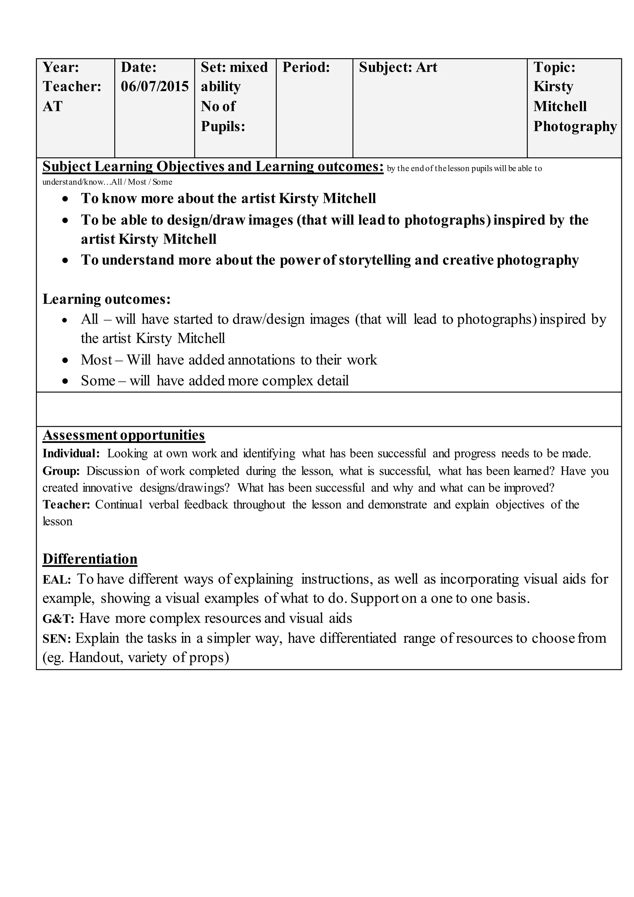 Kirsty Mitchell Photography Lesson Plan-Secondary Education | DOCX