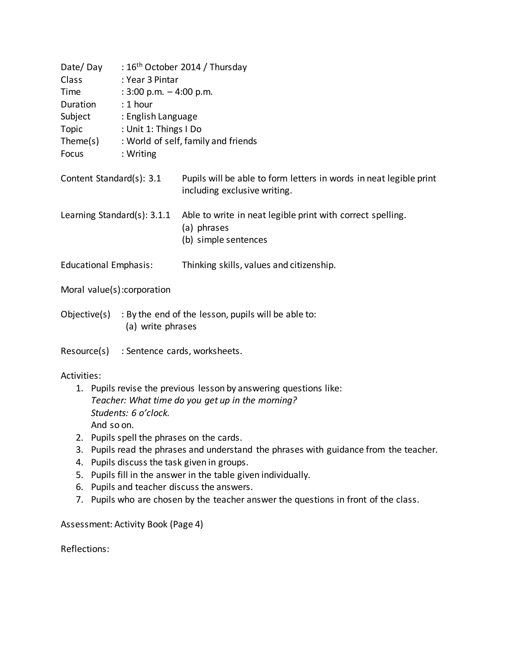 Lesson plan kssr tahun 3 (writing) group 2 | DOCX