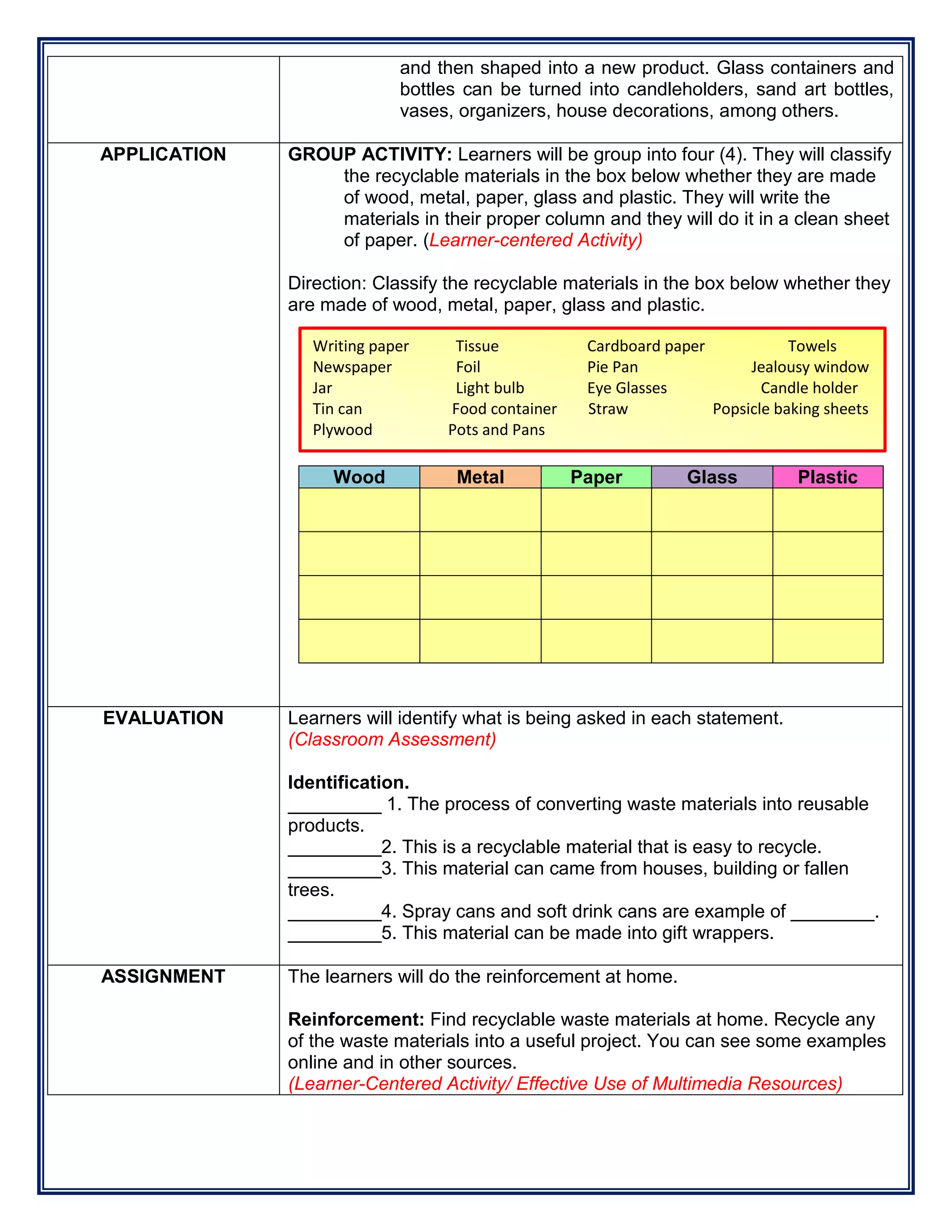 Lesson Plan by Larce & Segui Recyclable Materials (Final) | PDF
