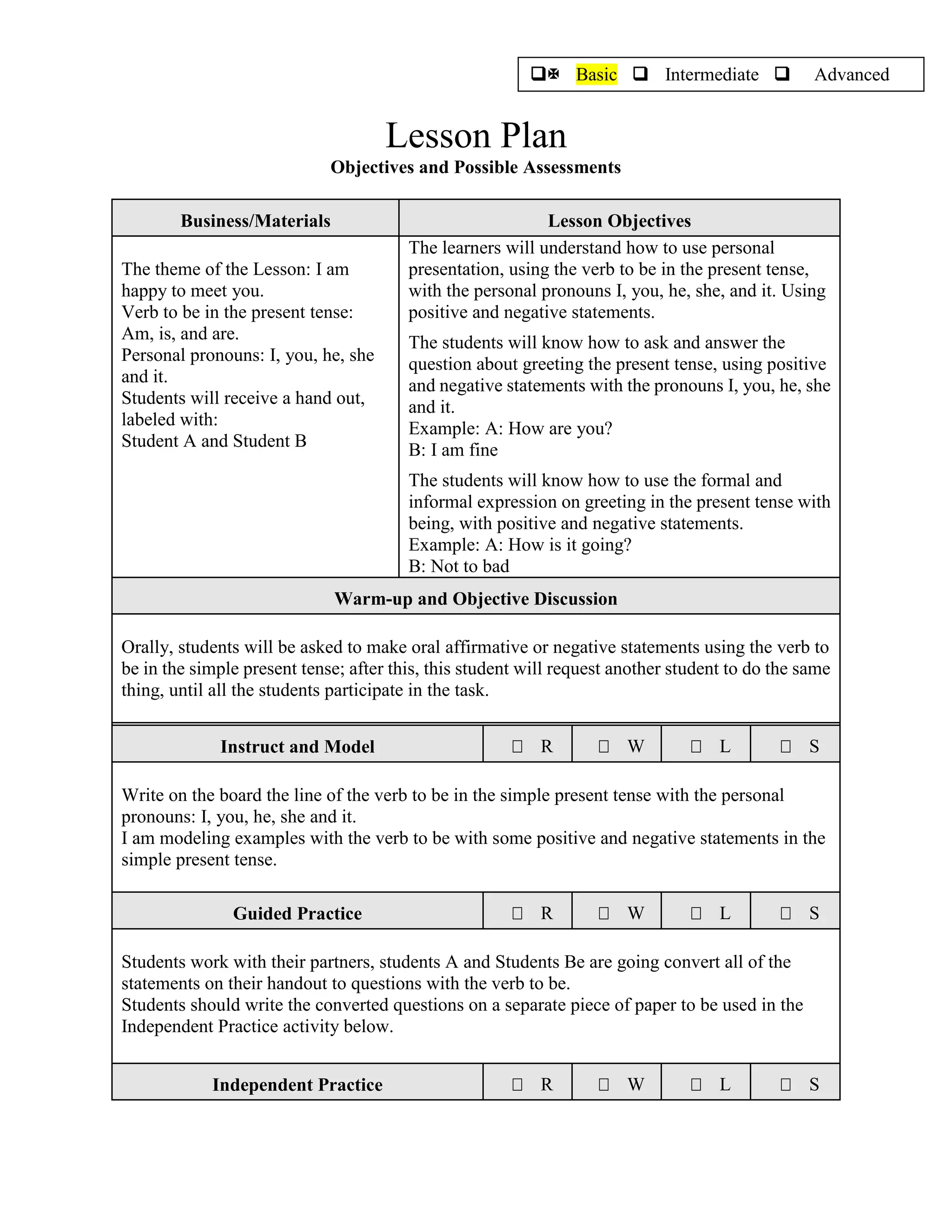 Objectives and Possible Assessments | PDF
