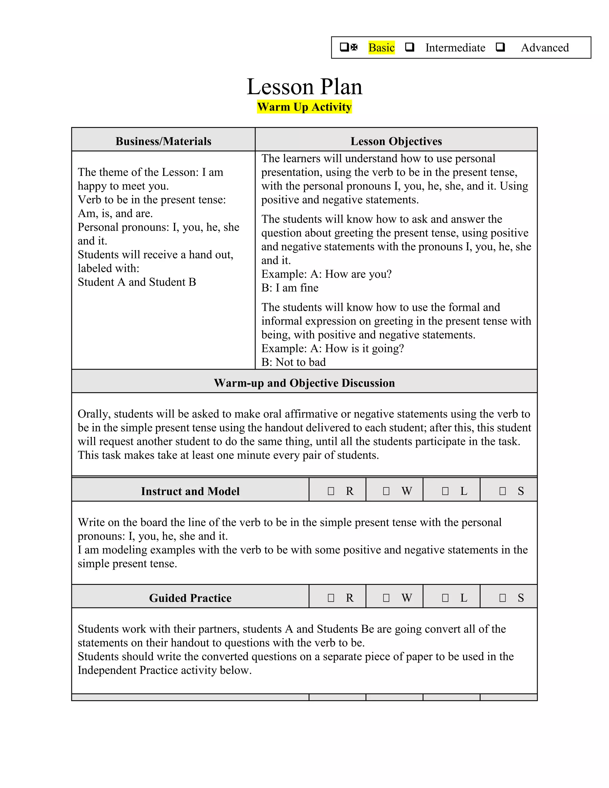 Lesson plan lesson 1. module 2.-warm up activity | PDF