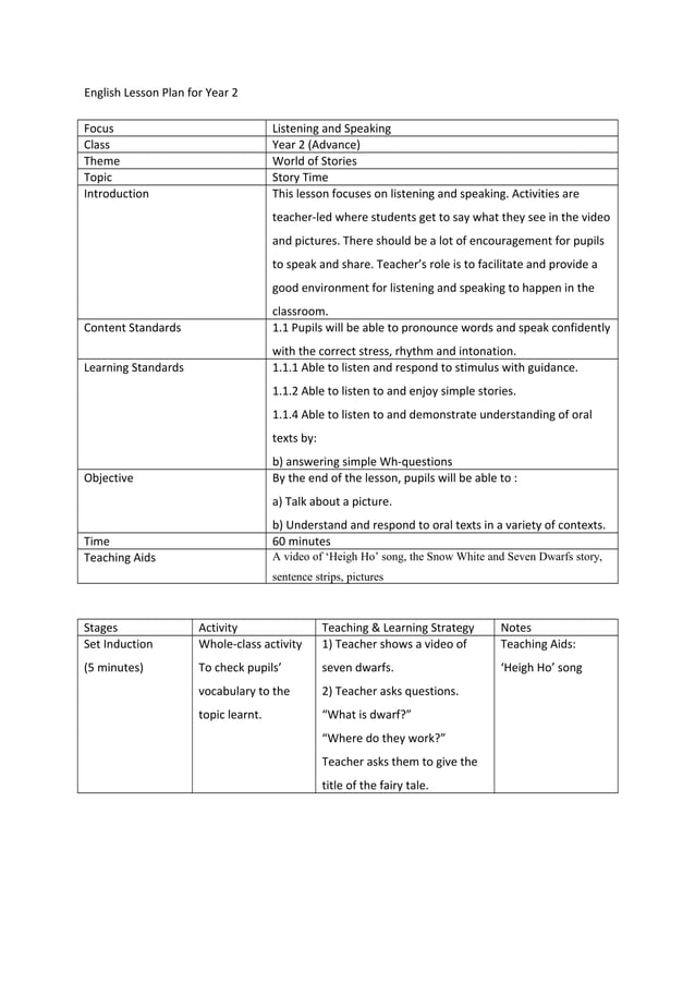 Lesson plan listening speaking y2 | DOC