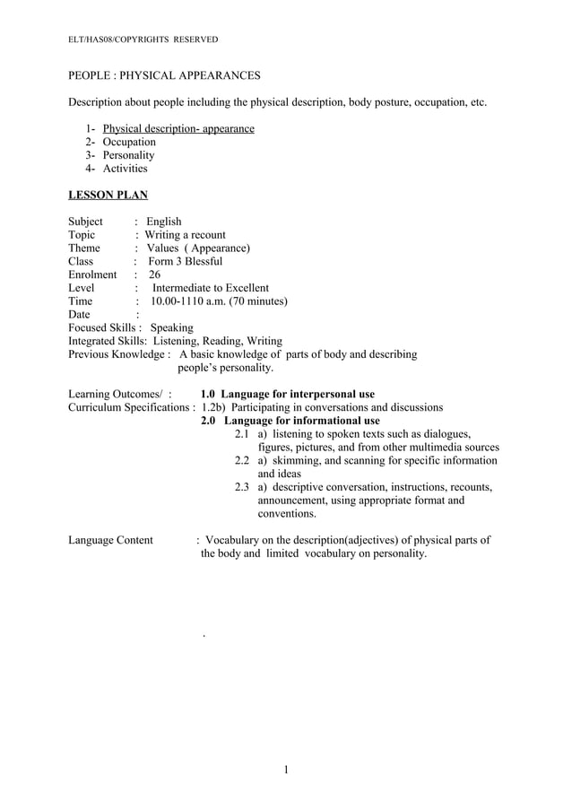 Lesson plan DESCRIPTIVE ADJECTIVES- PHYSICAL APPEARANCE | DOC