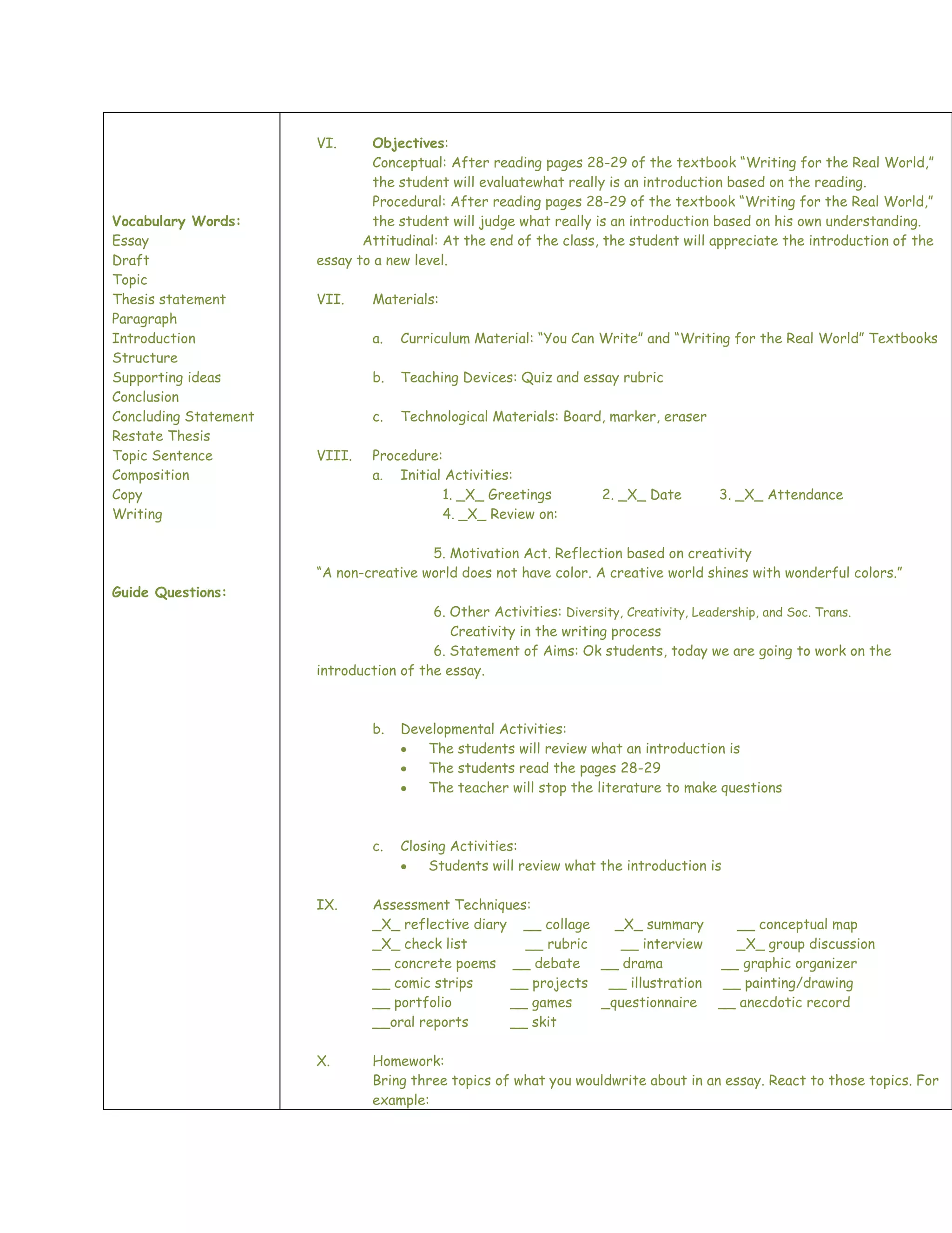 Lesson plan march 1 | DOCX