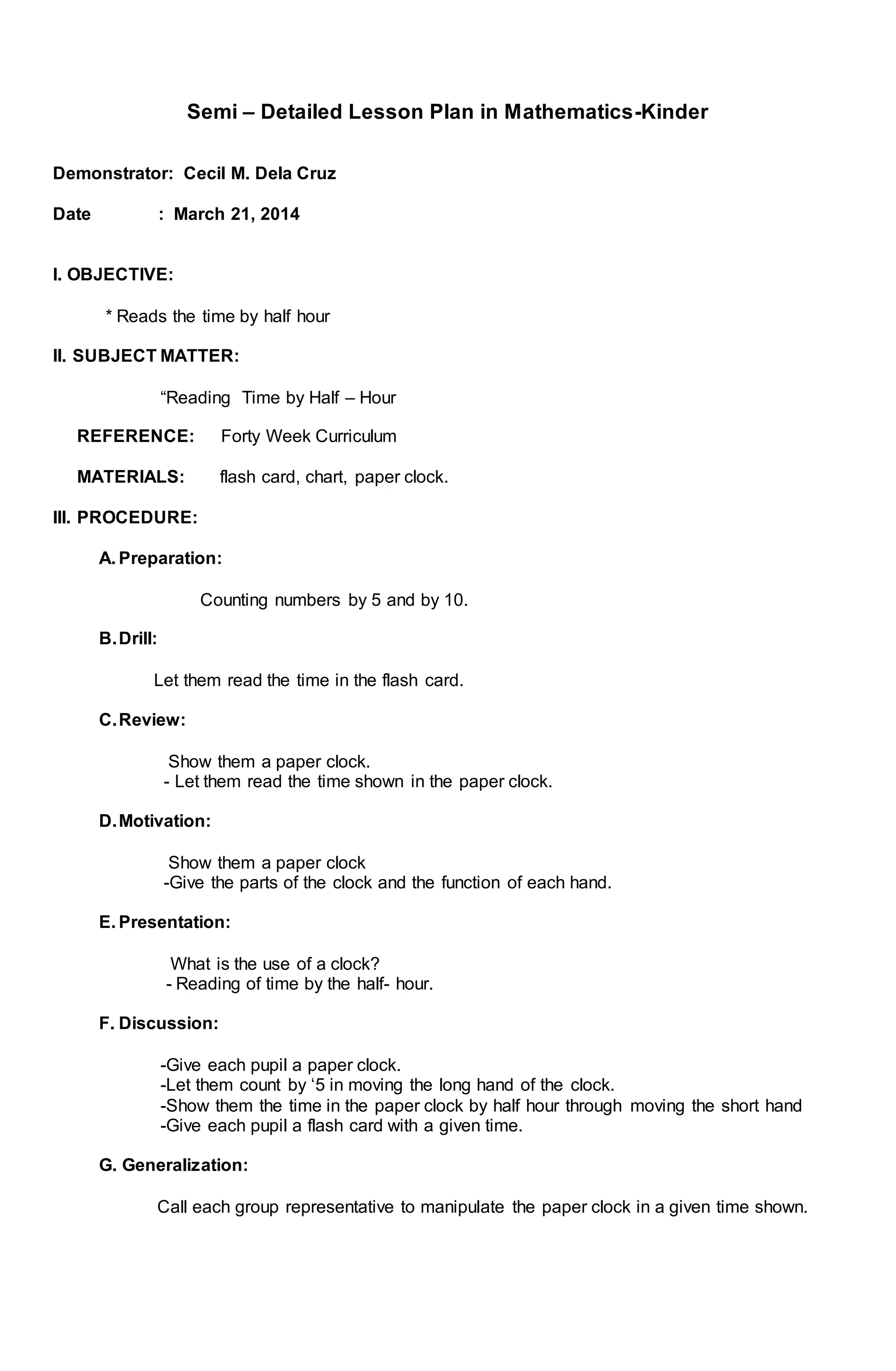 Lesson plan math kinder | PDF