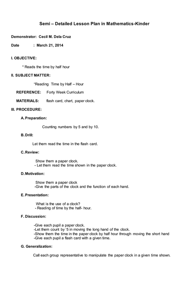 Lesson plan math kinder | DOCX