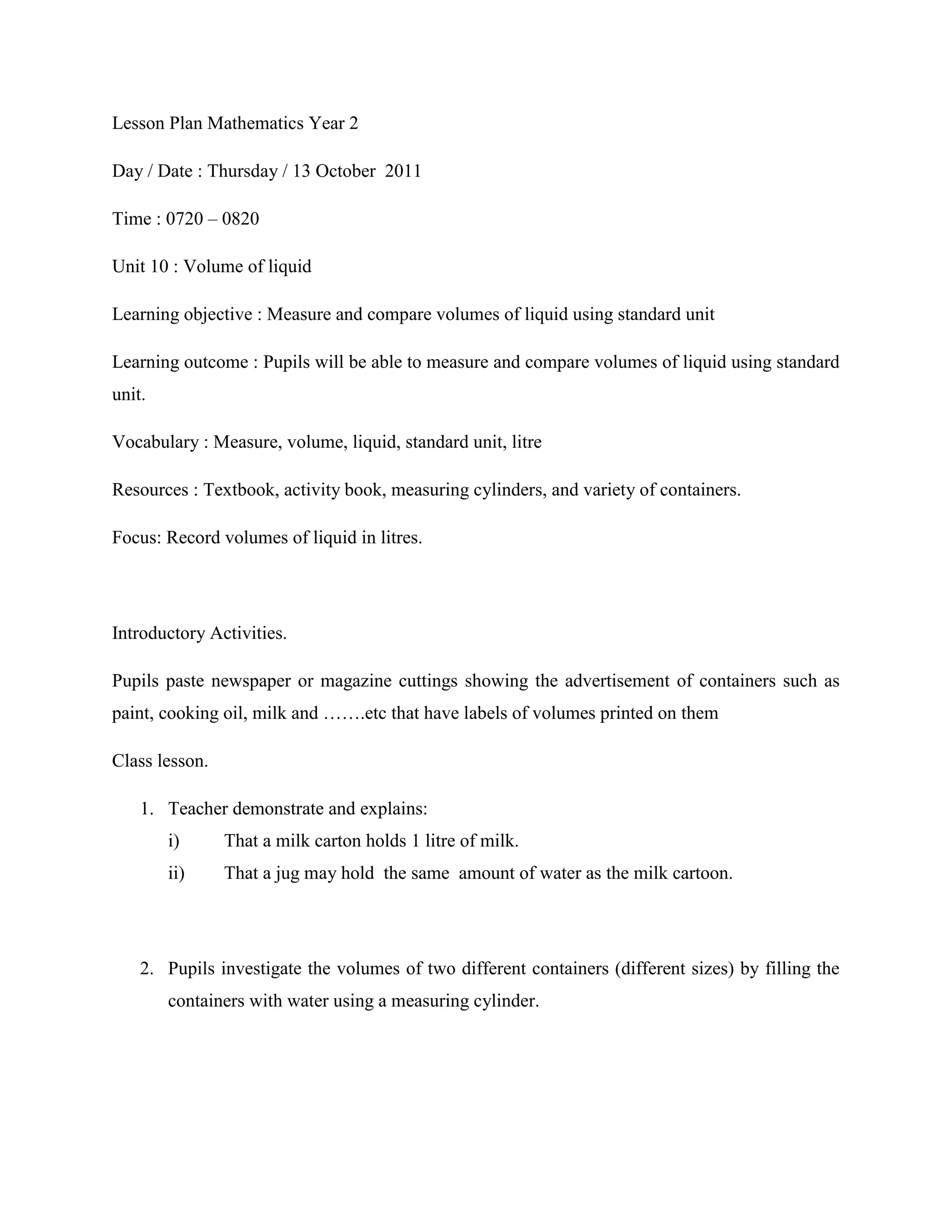 Lesson plan mathematics year 2 | DOCX