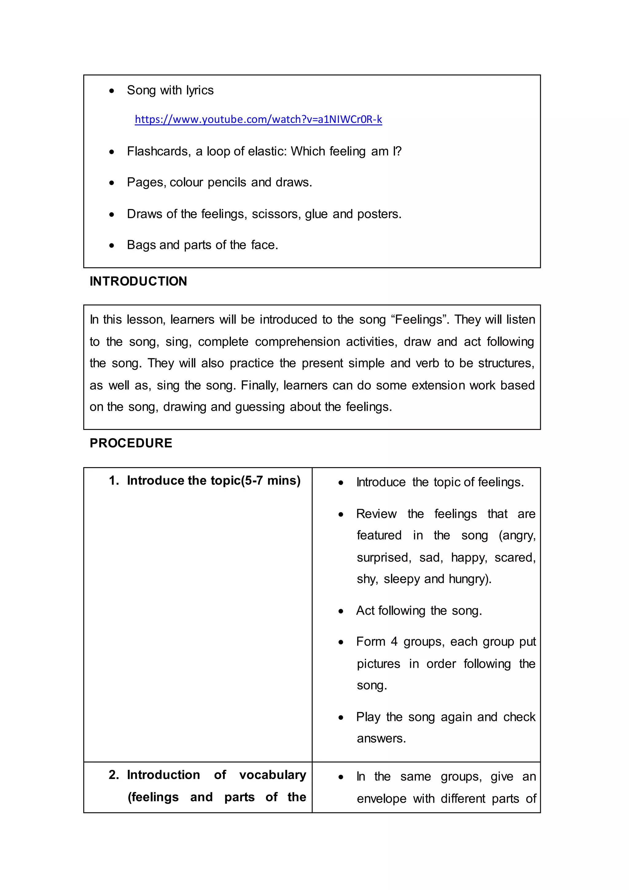 Lesson Plan and mini-class on songs | DOC | Primary Education | Education
