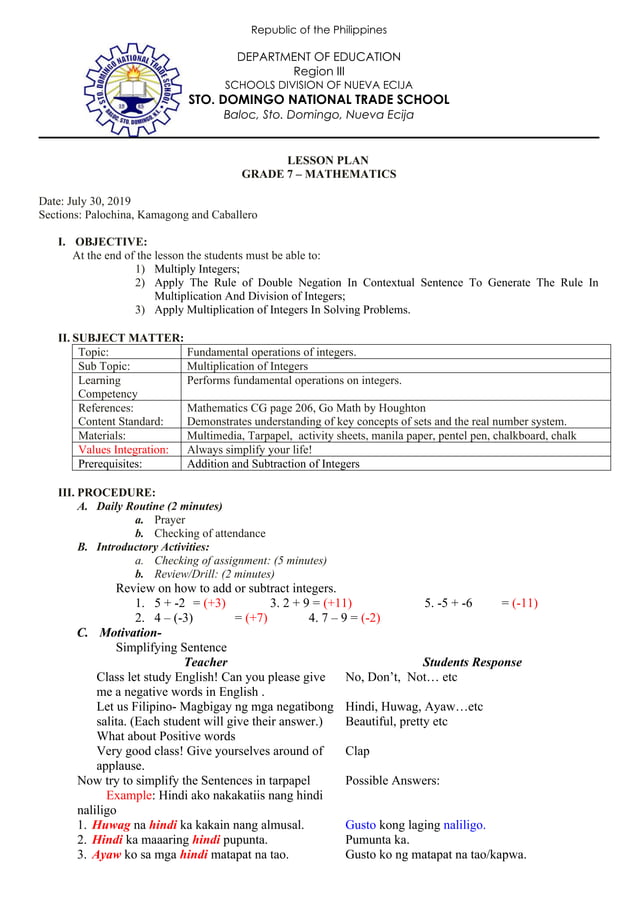 LESSON PLAN multiplication of integers.docx