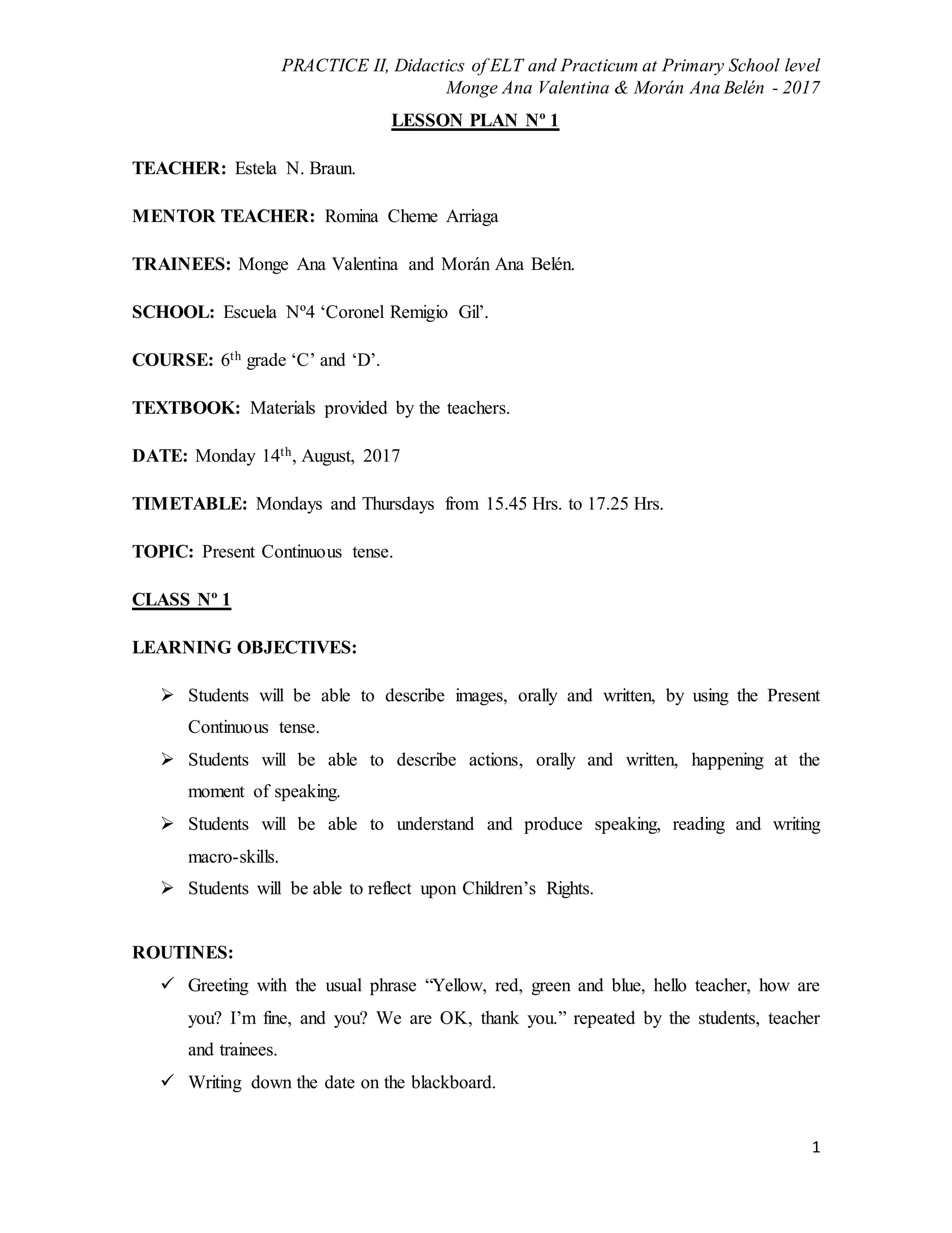 Present Continuous Lesson Plan | PDF