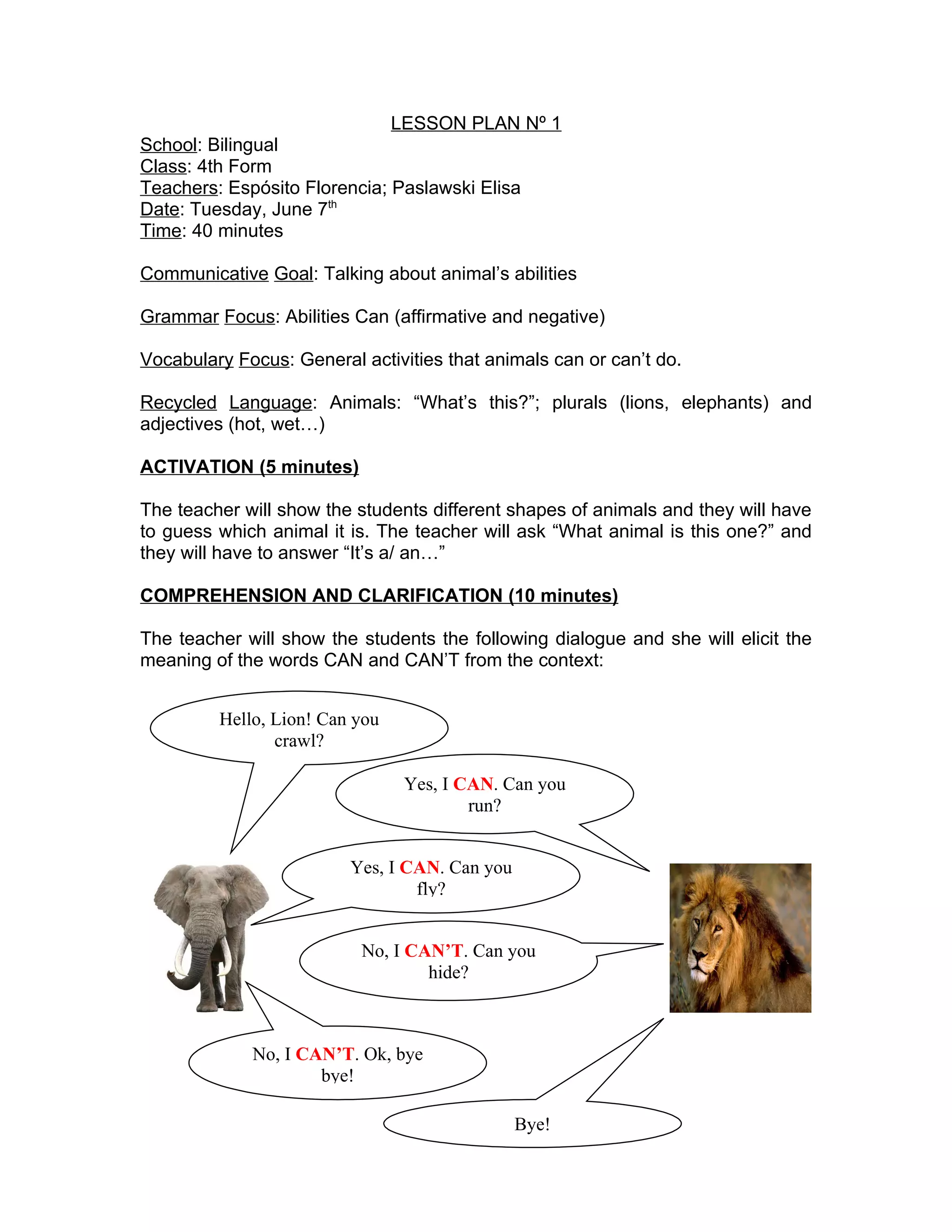 Lesson plan nº 1can can't | DOC