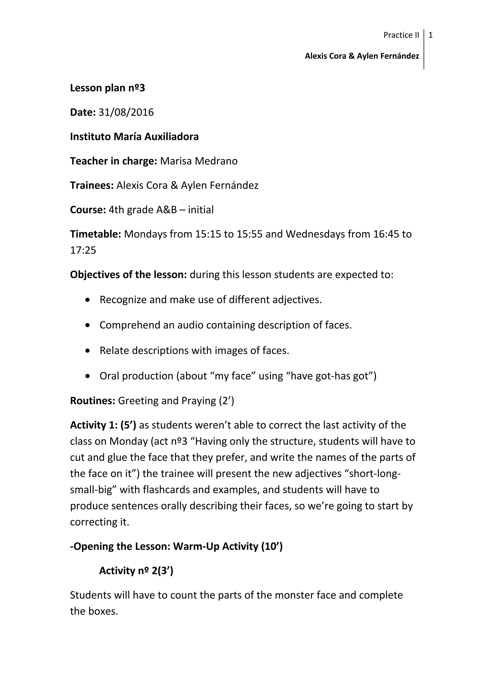 Lesson plan nº3 cora&fernández | DOC | Homework and Study | Education