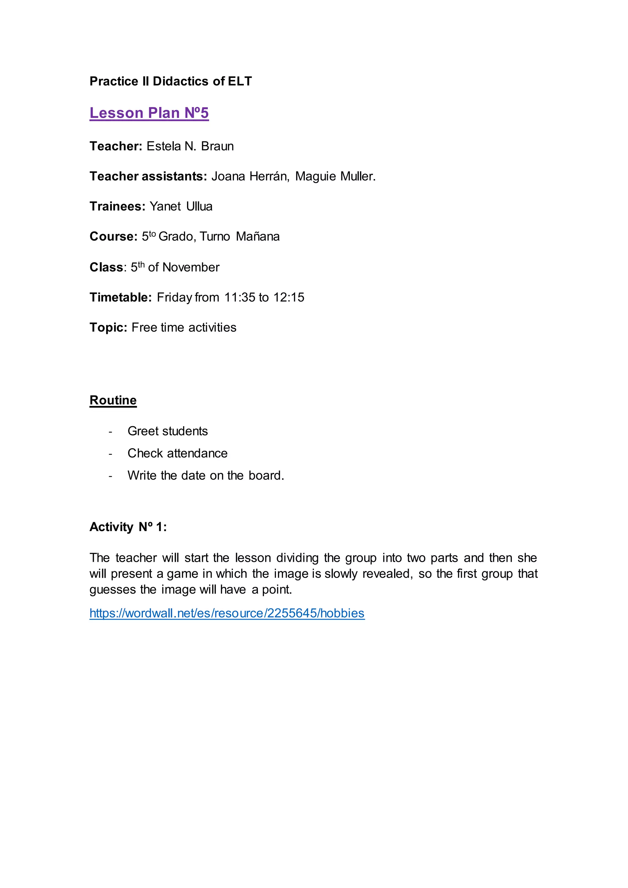 Lesson plan n° 5 - Fifth grade | DOCX | Education