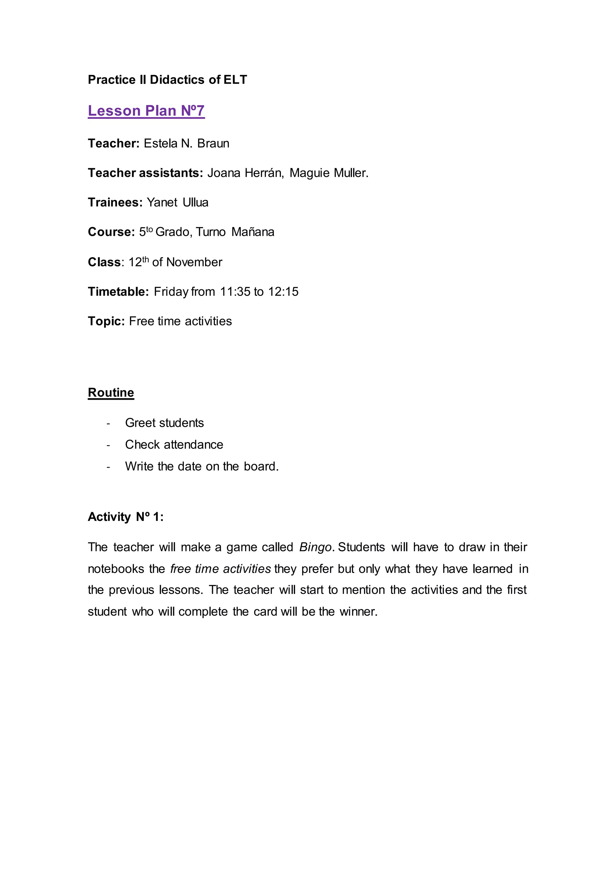 Lesson plan n° 7- Fifth grade | PDF