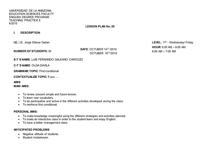 First Conditional - Lesson plan | DOCX | Secondary Education | Education