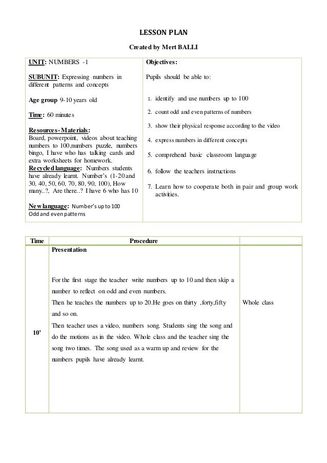 Lesson Plan Numbers 1 Mert Lesson Plan Numbers 1 Mert