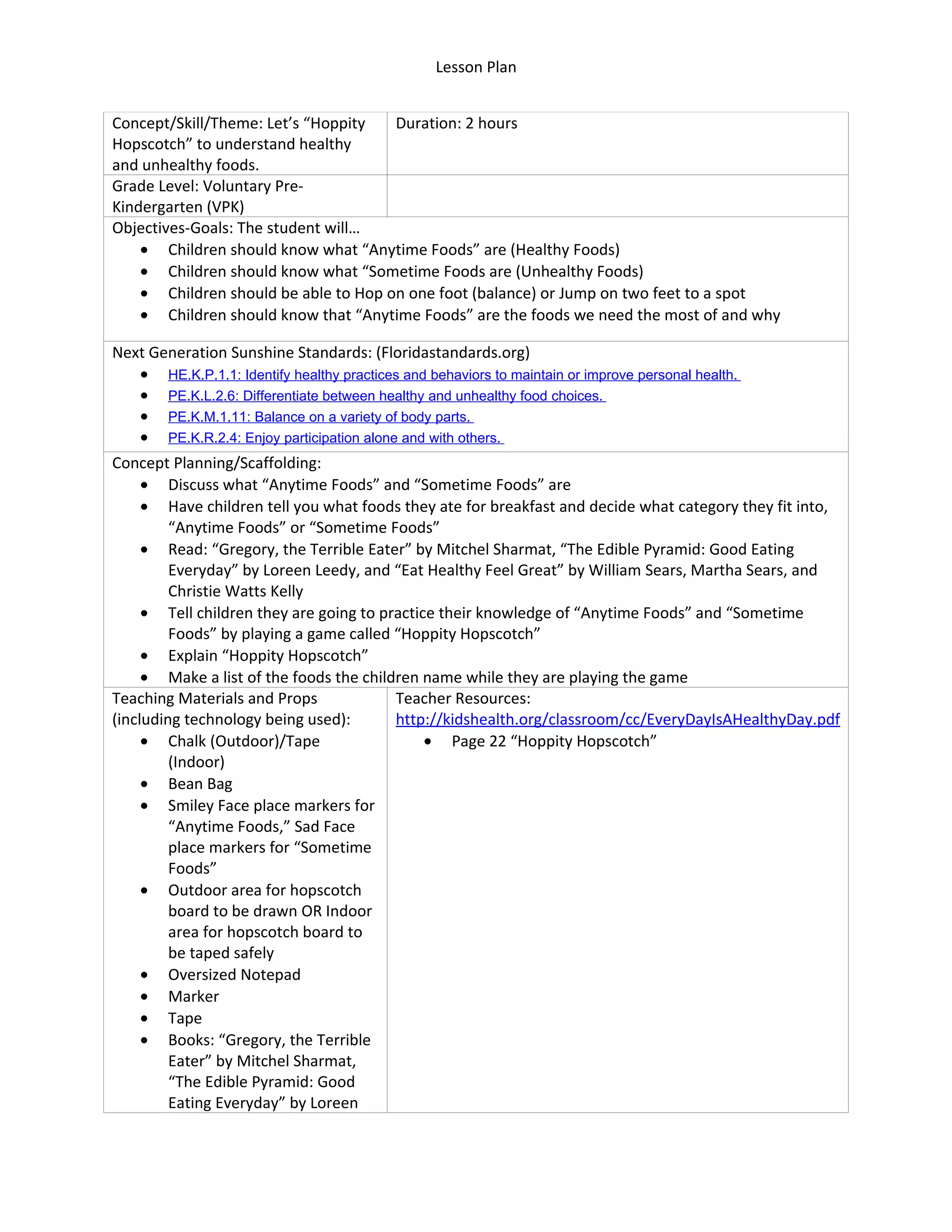 Lesson plan nutrition hoppity hopscotch | RTF