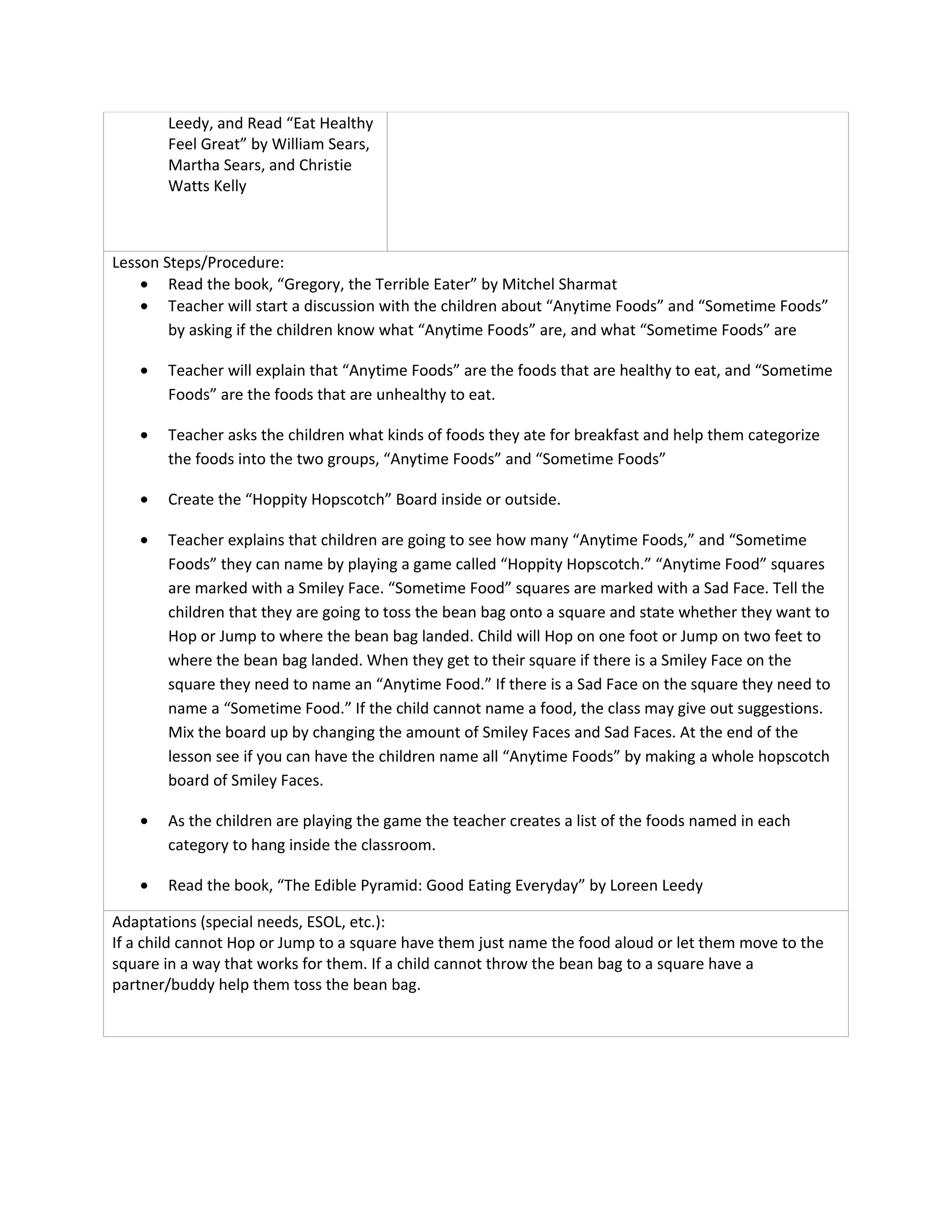 Lesson plan nutrition hoppity hopscotch | RTF