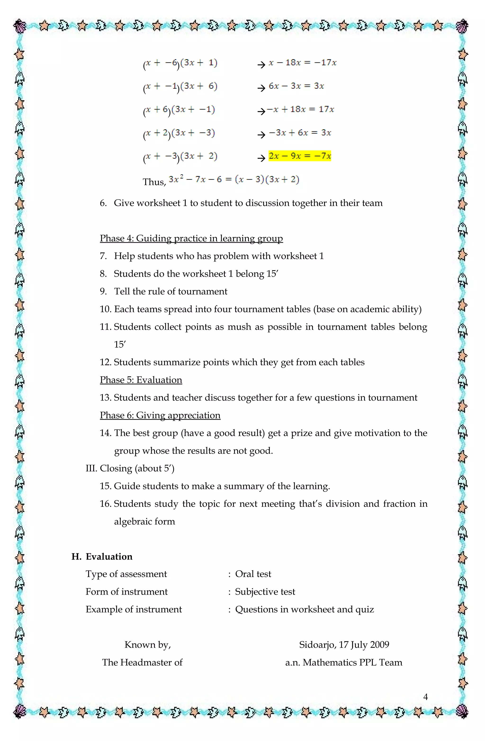 Lesson plan of algebraic factorization | DOC