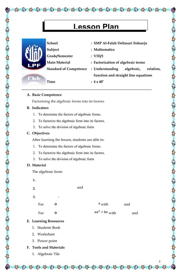 Lesson plan of algebraic factorization | DOC | Homework and Study | Education