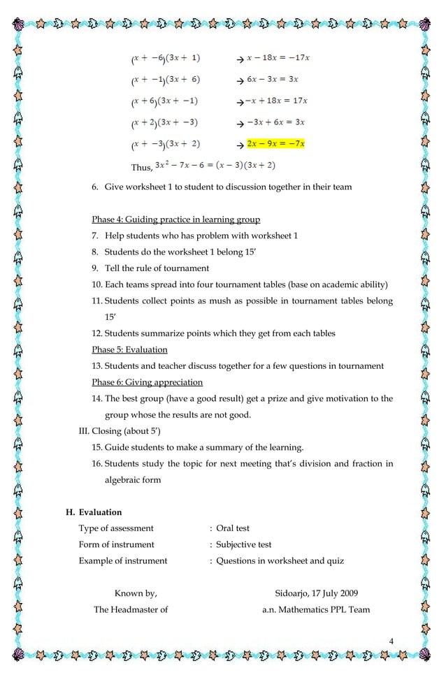 Lesson plan of algebraic factorization | DOC | Homework and Study ...