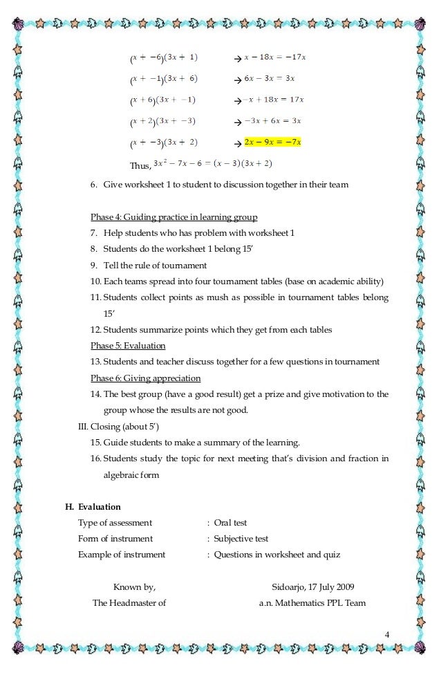 Lesson Plan Of Algebraic Factorization Lesson Plan Of Algebraic Factorization