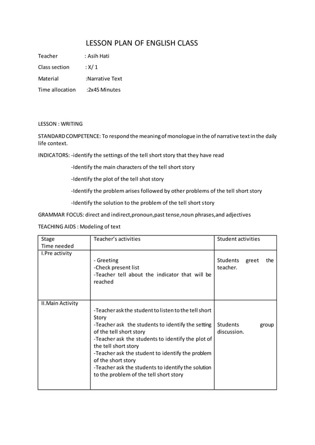 Lesson plan of english clas1 | PDF