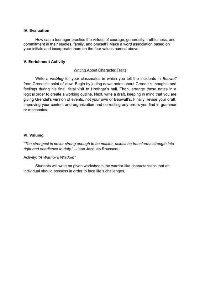 Lesson Plan On Beowulf | DOC | Poetry | Books and Literature