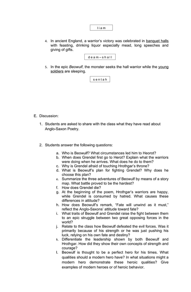 Lesson Plan On Beowulf