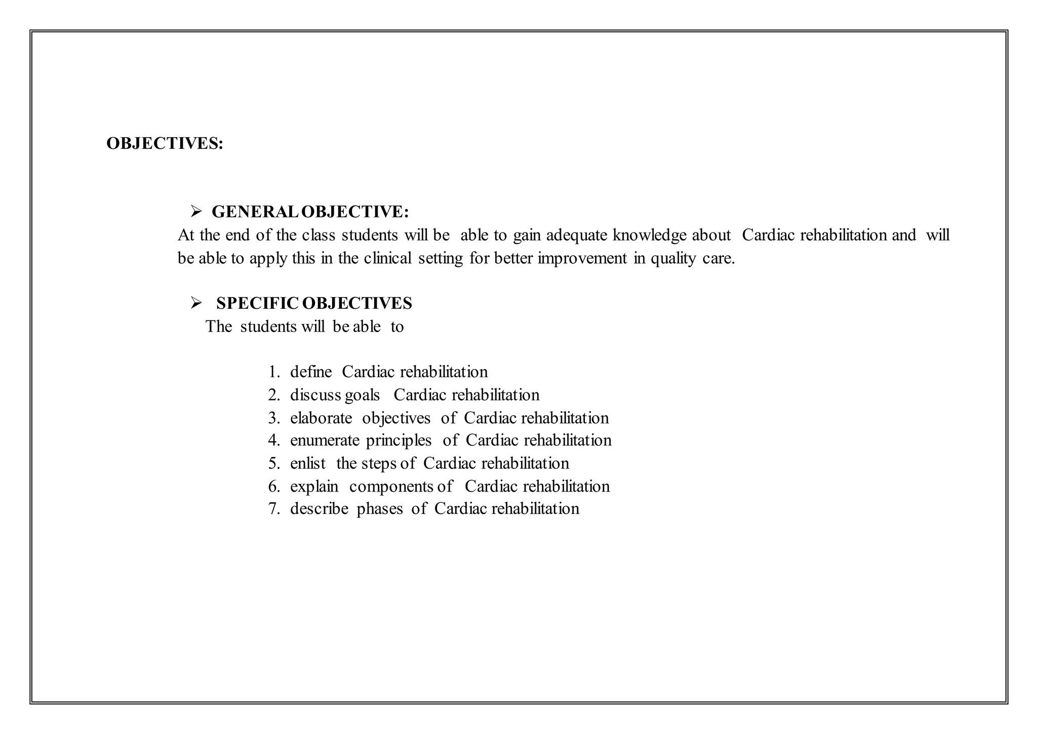 Lesson plan on cardiac rehabilitation | DOCX