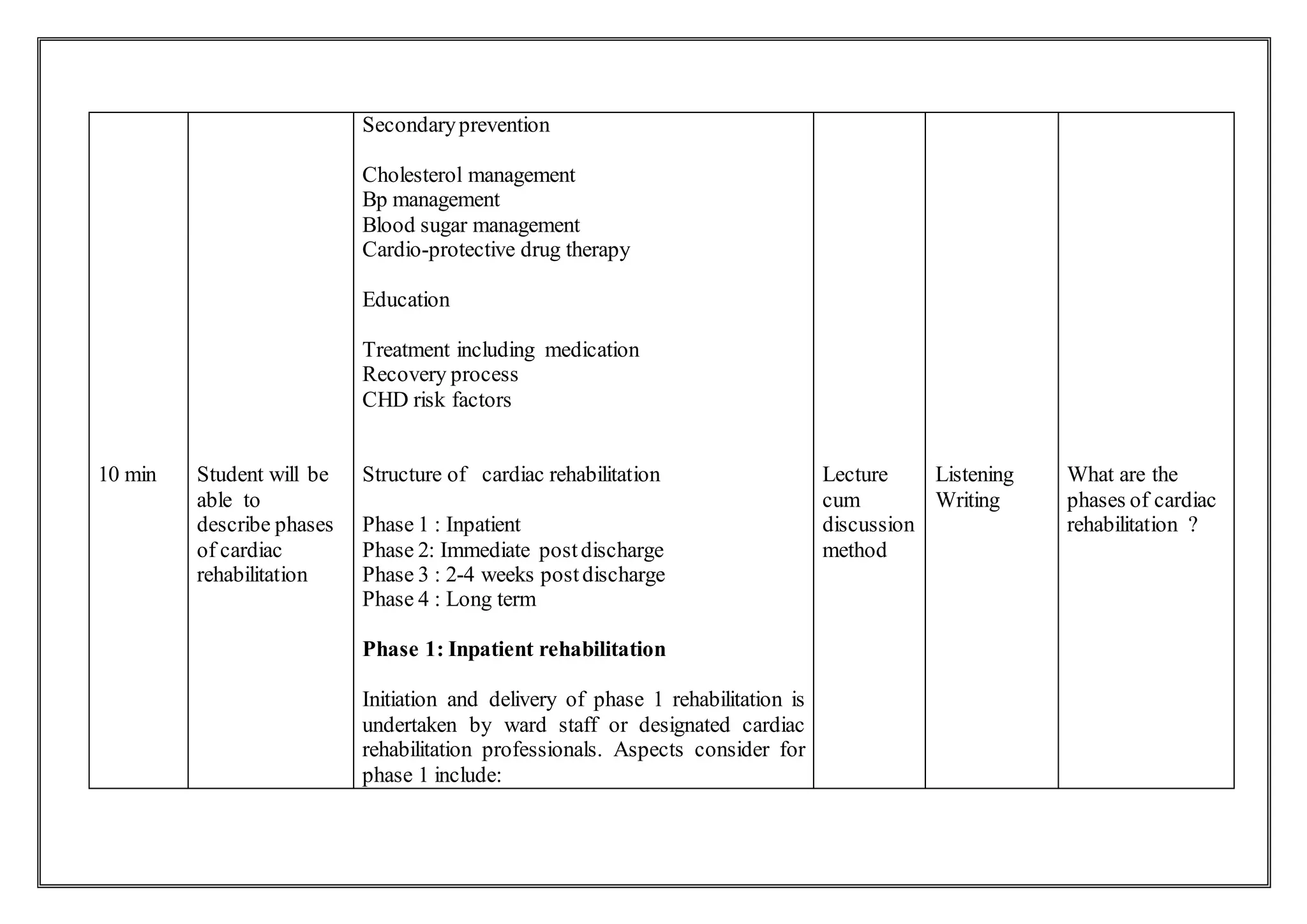 Lesson plan on cardiac rehabilitation | DOCX